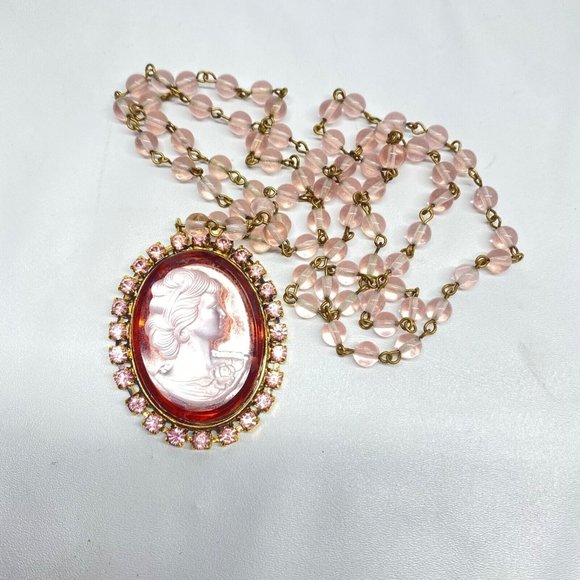 Jewelry | Pink Rhinestone Cameo Necklace Bead Lady Oval Large | Poshmark